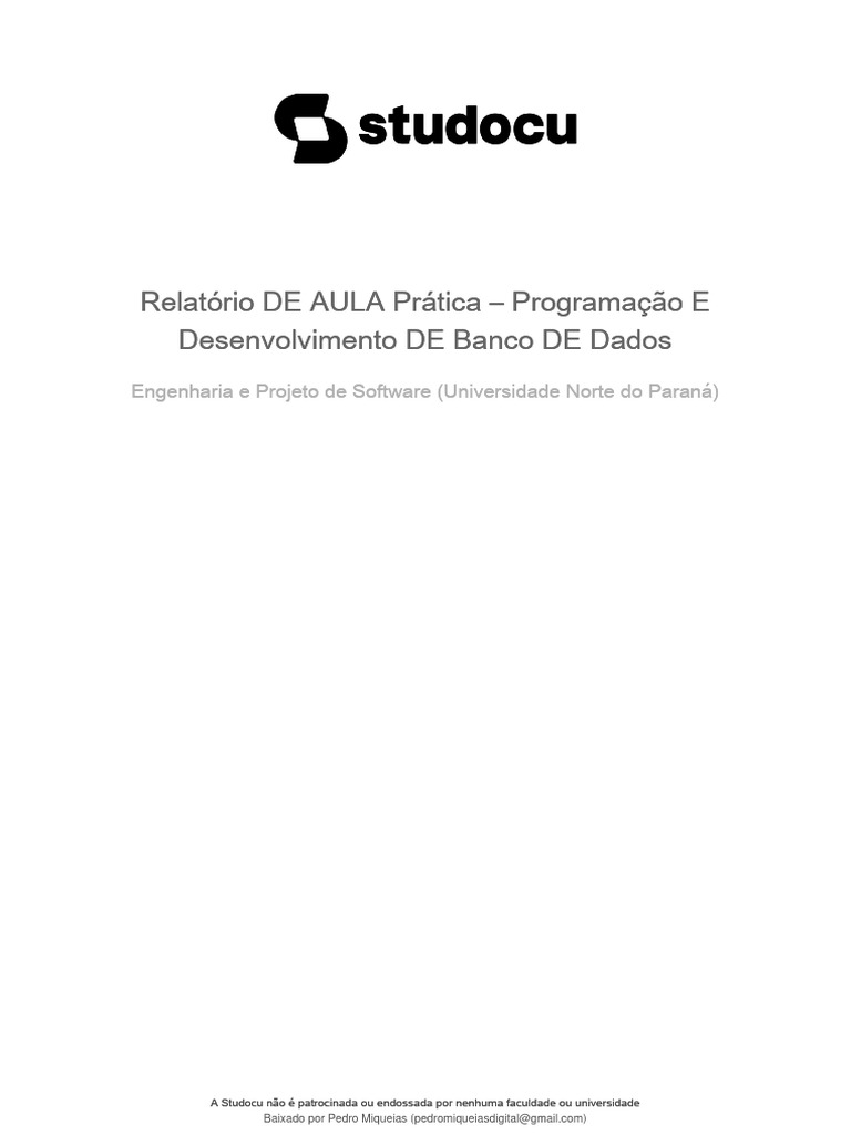 Relatorio de Aula Pratica Programacao e Desenvolvimento de Banco de Dados | PDF | Bancos de ...