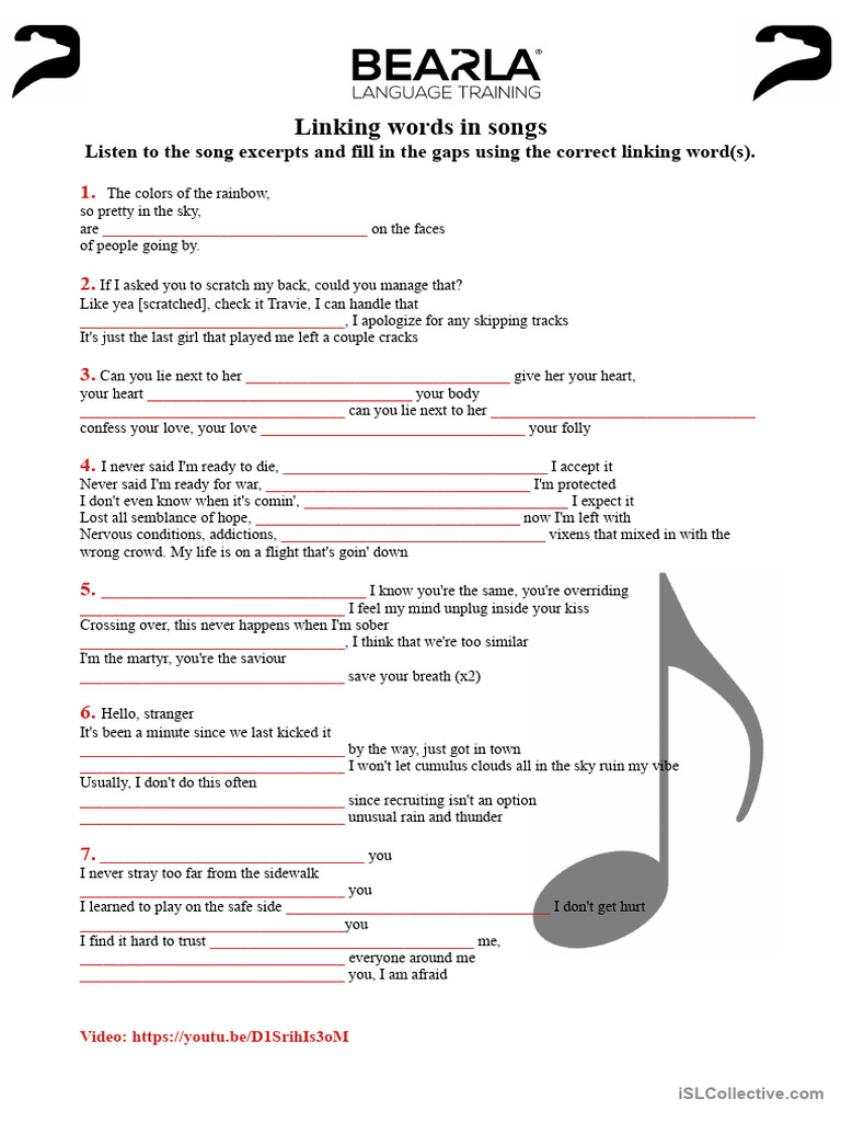 Linking Words (Conjunctions) in Songs, Worksheet, Video and Answer Key ...