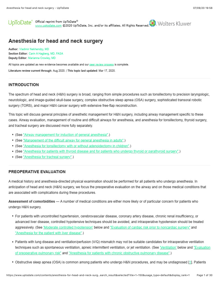 Anesthesia For Head and Neck Surgery - UpToDate | PDF | Anesthesia ...