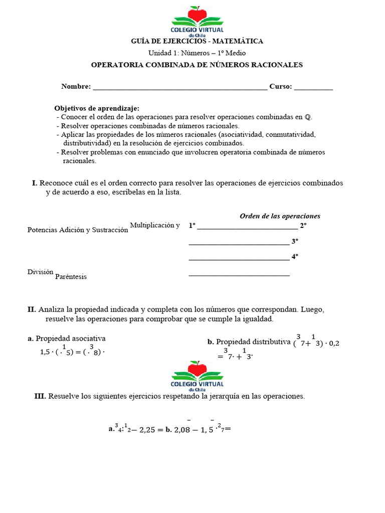 07 U1 1m Matemática Práctico Operatoria Combinada en Q | PDF | Océanos ...