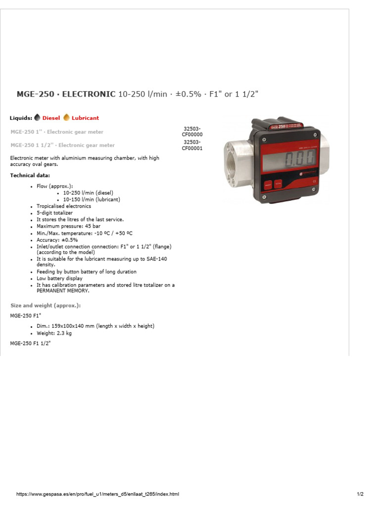 Gespasa Mge 250 Digital Oval Gear Flow Meter | PDF