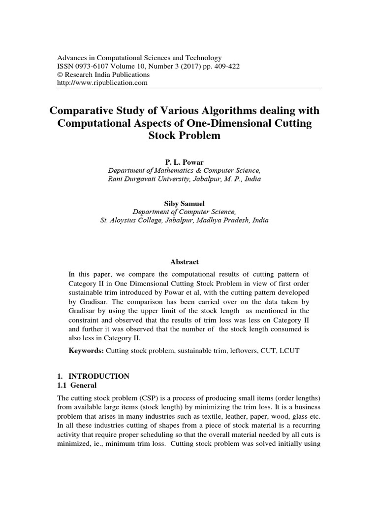 Comparative Analysis of Cutting Stock Algorithms | PDF | Algorithms ...
