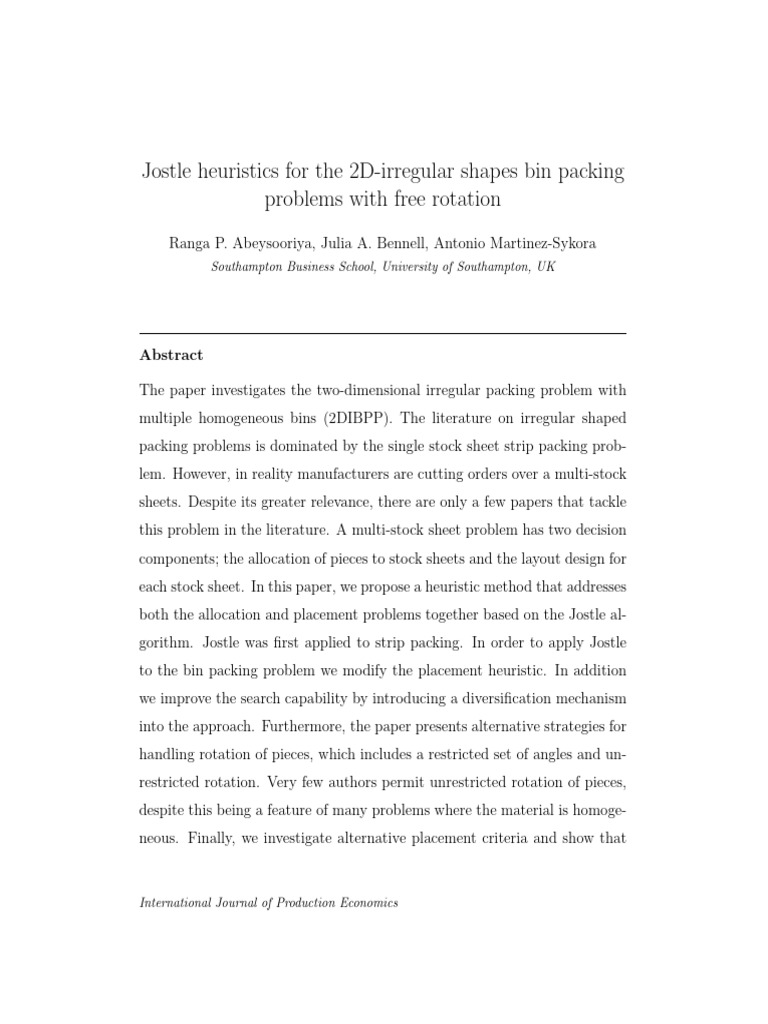 Jostle Heuristics For The 2d Irregular Shapes Bin Packing Problems With