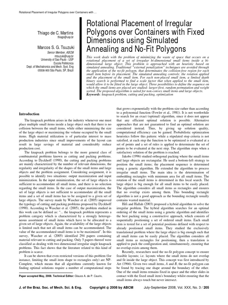 Rotational Placement of Irregular Polygons Over Containers With Fixed Dimensions Using Simulated ...