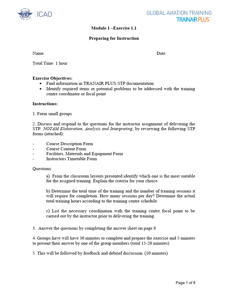 Module 1 - Exercise 1.1 Preparing For Instruction: Page 1 of 8 | PDF ...