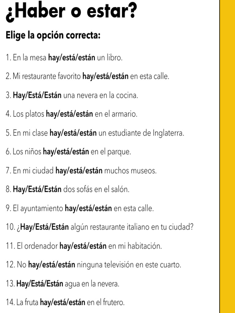 Quiz Ejercicio Verbos Haber Estar Espanol | PDF | Artes del Lenguaje y ...