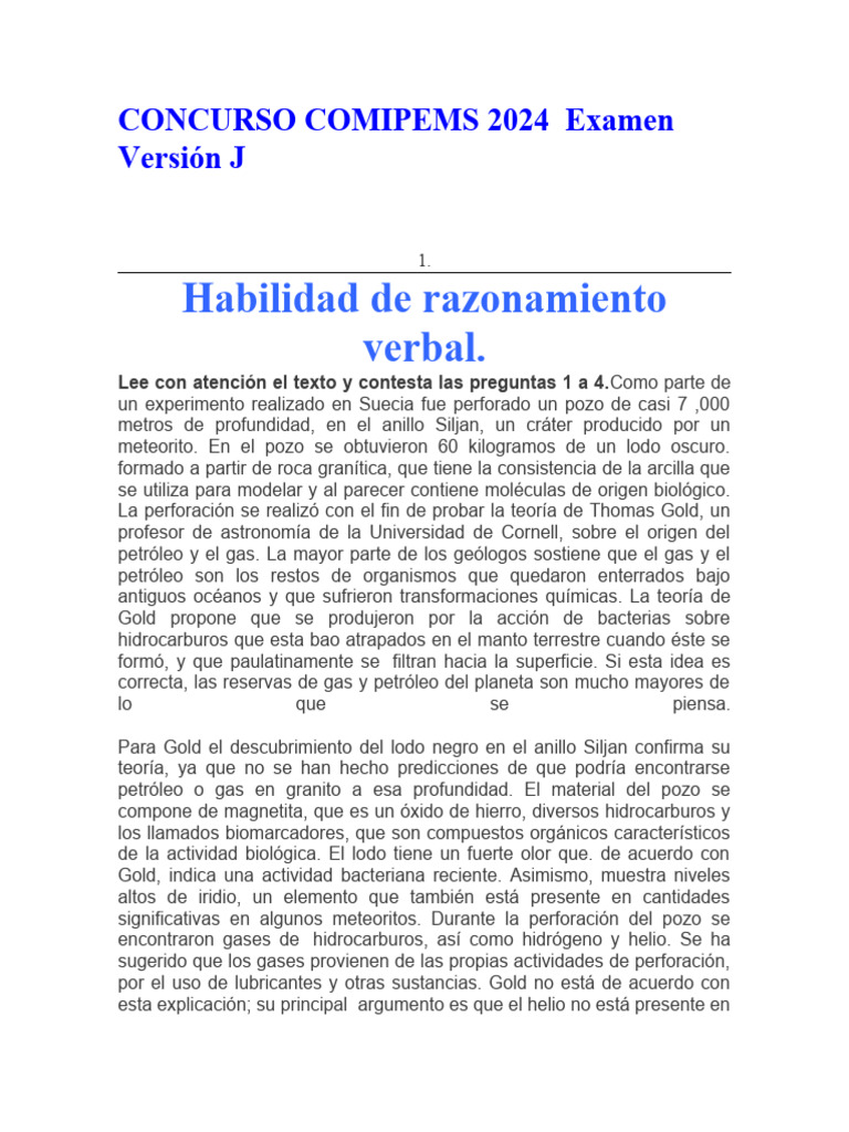 CONCURSO COMIPEMS 2024 Examen Versión J | PDF | Petróleo | México