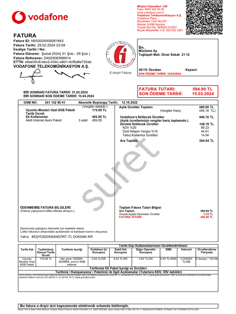 Fatura: Fatura ID: Fatura Tarihi: İrsaliye Tarihi / No: Fatura Dönemi: Şubat 2024 (01 Şub - 29 ...