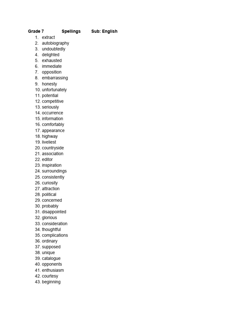 Grade 7 Spellings | PDF