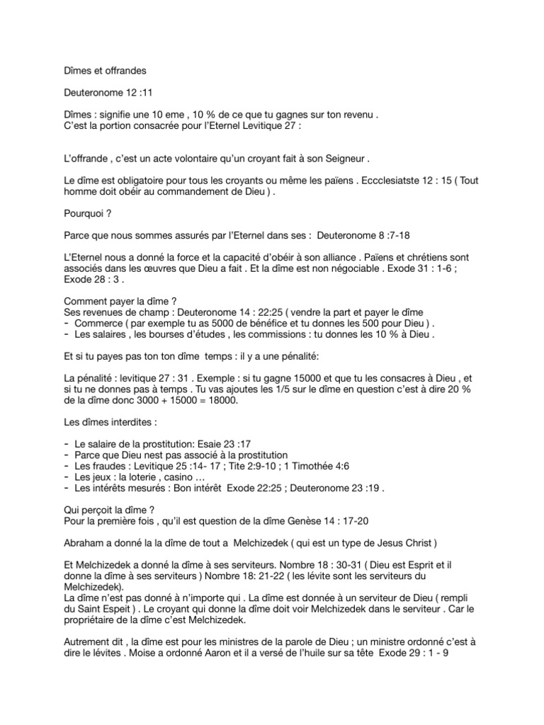 Dîmes et Offrandes : Enseignements Bibliques | PDF | Dîme | Doctrines ...