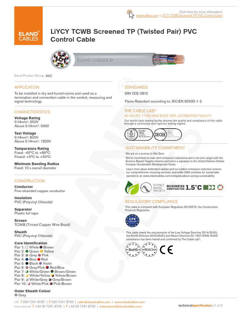 Liycy TCWB Screened TP Twisted Pair PVC Control Cable | PDF | Polyvinyl ...