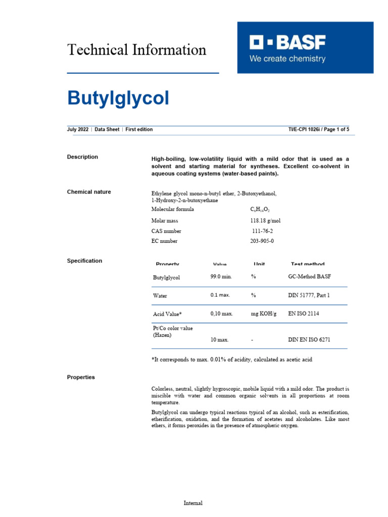 Butylglycol Technical Data Sheet | PDF | Paint | Ether