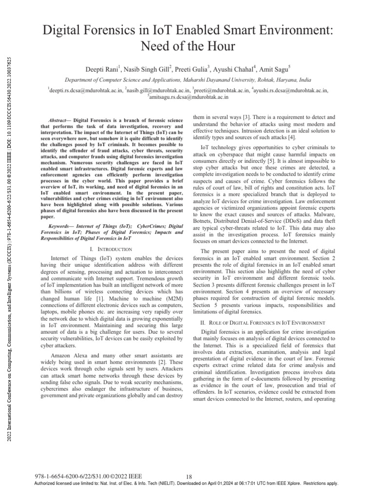 Digital Forensics in IoT Enabled Smart Environment Need of The Hour | PDF | Internet Of Things ...