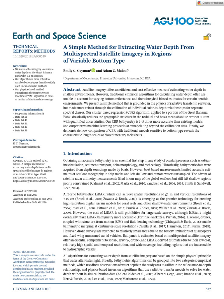 Earth And Space Science 2019 Geyman A Simple Method For Extracting Water Depth From
