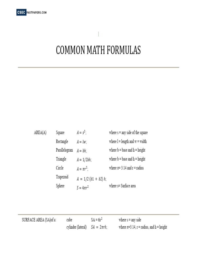 Common Formulas | Download Free PDF | Area | Classical Geometry