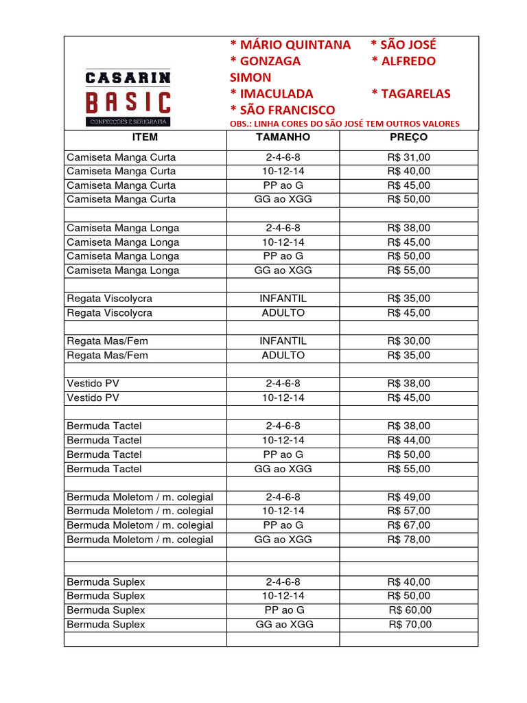 Roupas e Preços da Casarim Basic | PDF