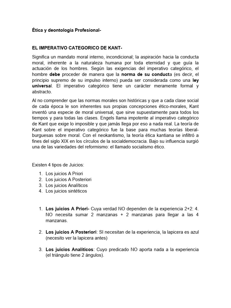 El Imperativo Categorico de Kant | PDF | Immanuel Kant | A priori y a ...