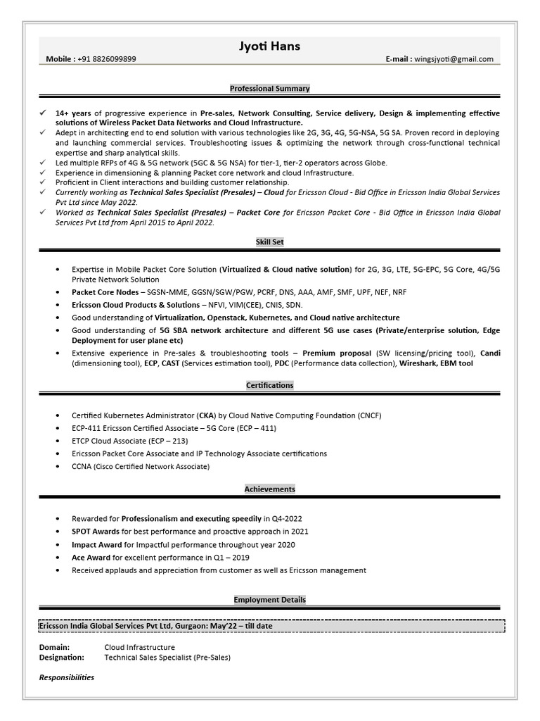 Resume Jyoti Hans PreSales | PDF | Computer Science | Mobile Telecommunications