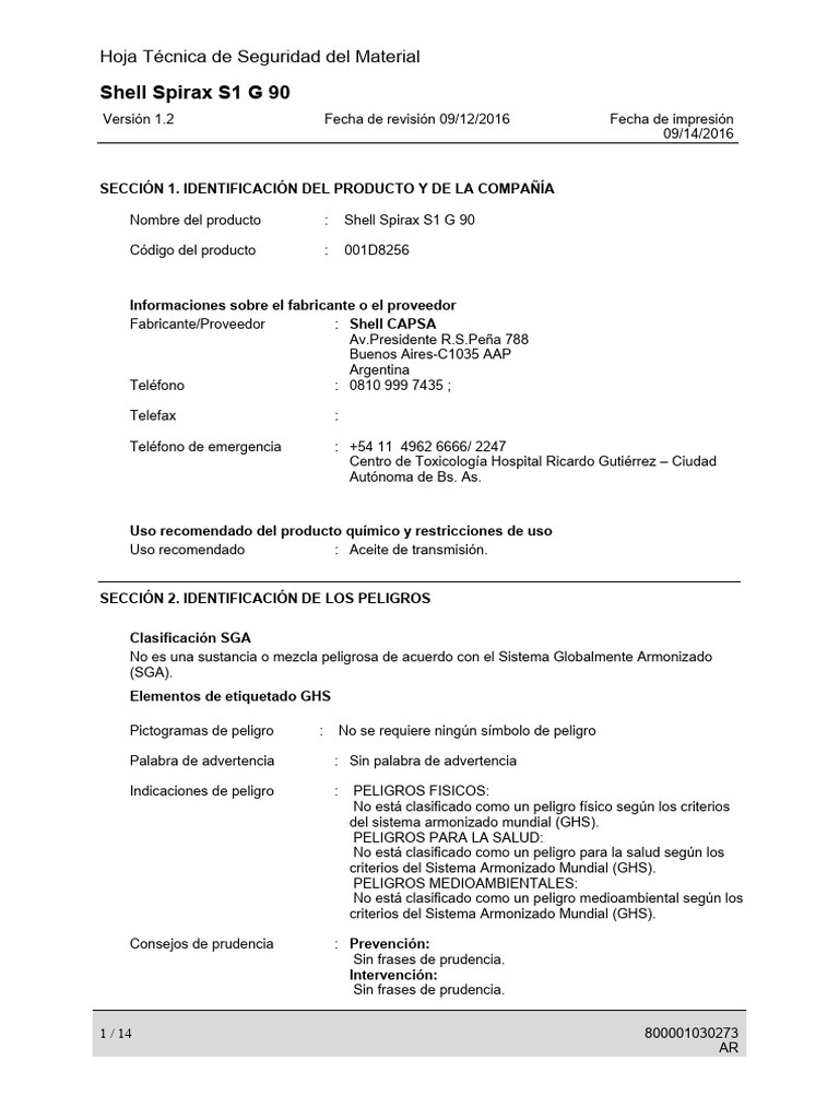 Msds - Aceite Shell Spirax s1 g90 Balde | PDF | Guante | Residuos