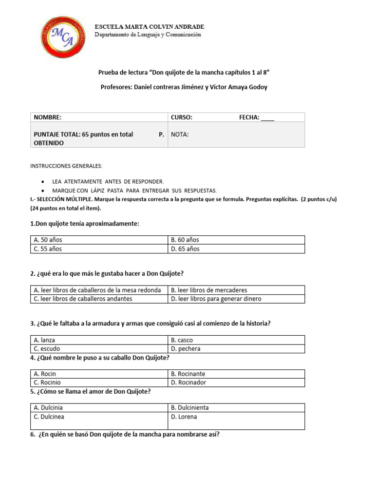 Prueba de Lectura Don Quijote de La Mancha 1 Al 8 Imprimir | PDF | Don ...