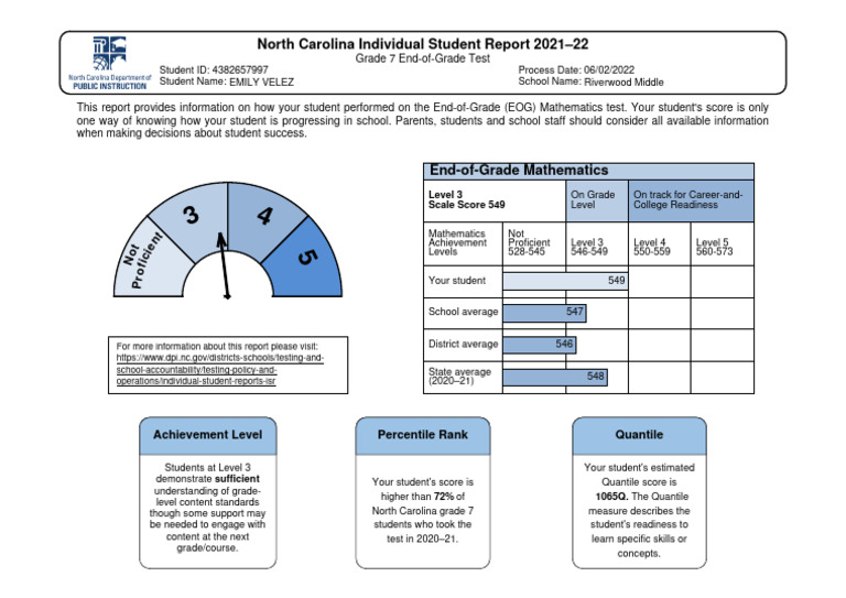 NC Grade 7 EOG Math Report 2021-22 | PDF