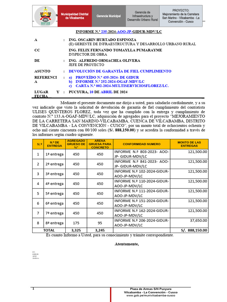 Informe 235 Devolucion de Garantia Agregado | PDF