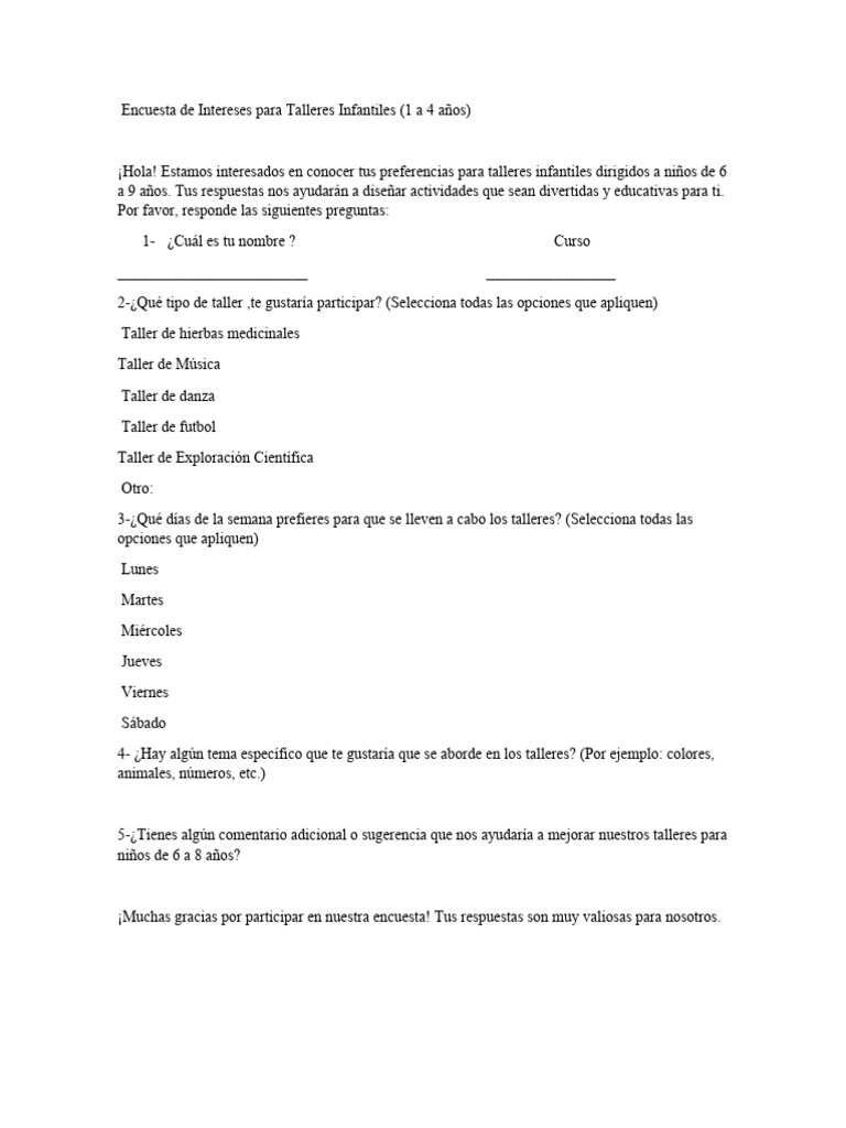Encuesta de Intereses para Talleres Infantiles | PDF