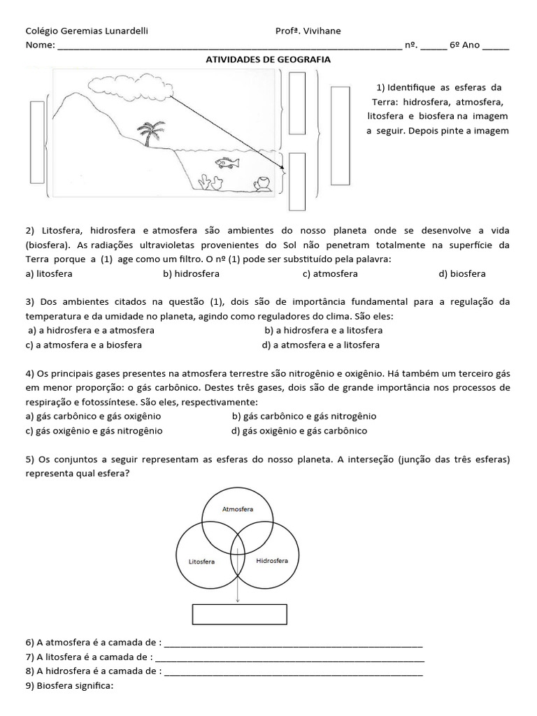 Atividades 6 Ano Esfera Da Terra 2024 | PDF | Atmosfera | Terra
