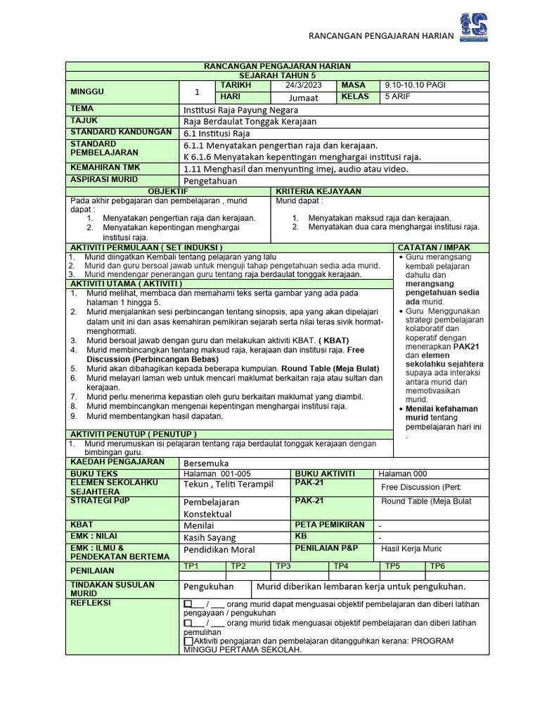 RPH Minggu 1 Sej THN 5 2023 by Cikgu Gorgeous | PDF | Karier ...