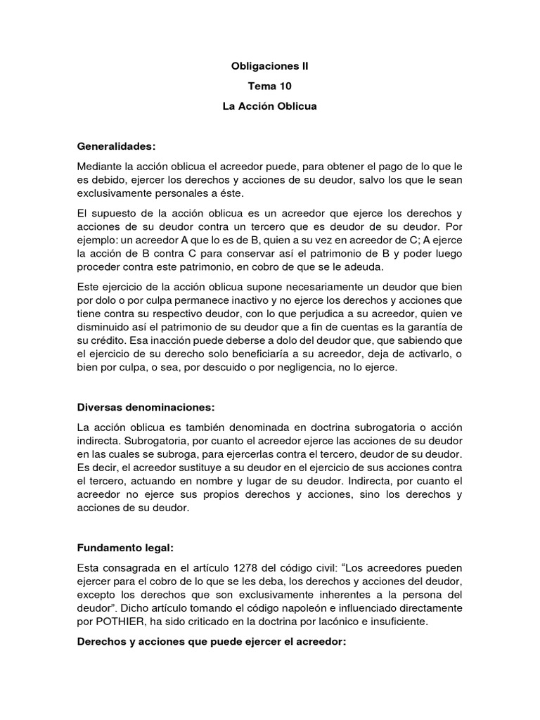 Acción Oblicua: Derechos del Acreedor | PDF | Bienes (Ley)