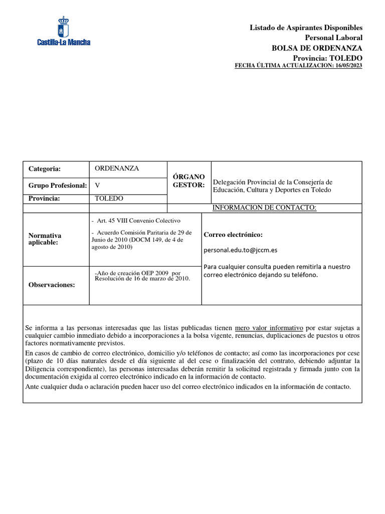 Toledo Ordenanza Modelo Bolsa Laborales JCCM | PDF