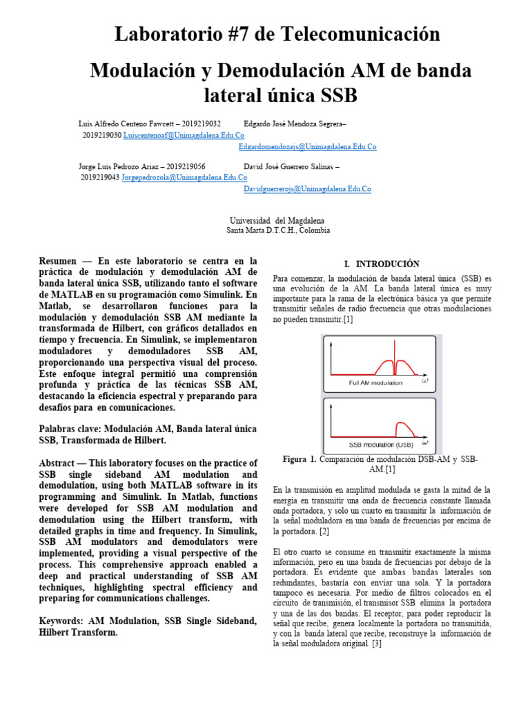 Lab - 7 - Modulación y Demodulación AM de Banda Lateral Única SSB | PDF | Modulación | Matlab