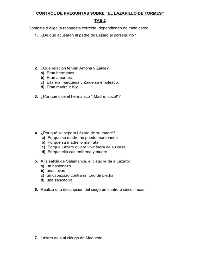 Preguntas sobre "El Lazarillo de Tormes" | PDF
