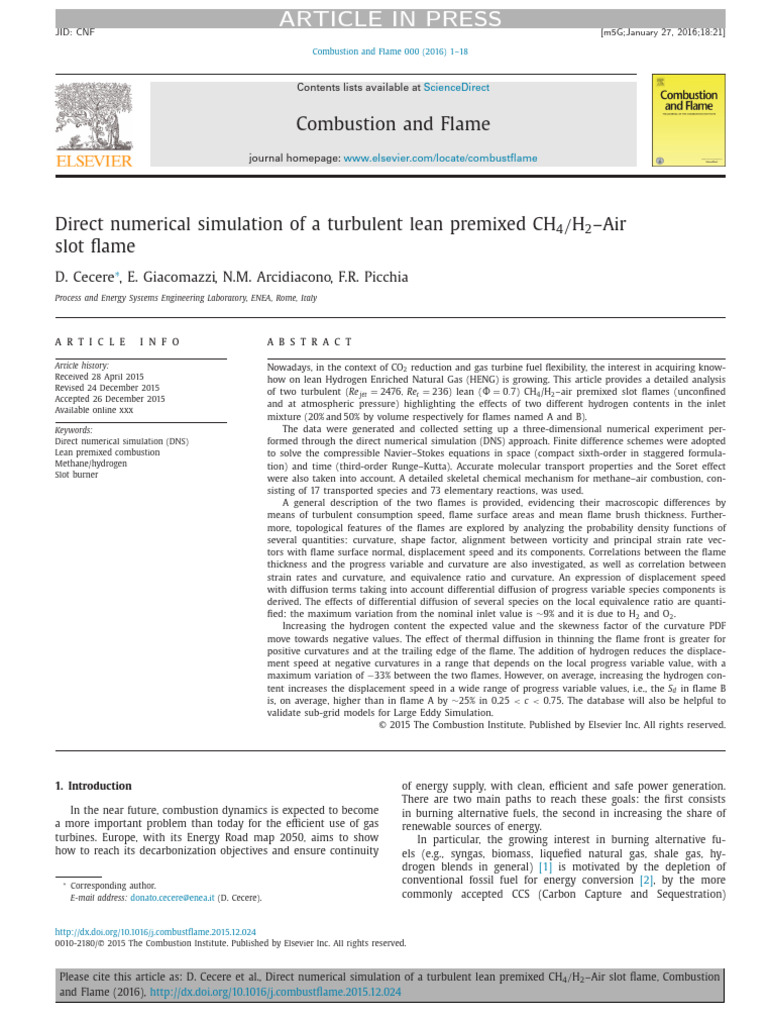 Direct Numerical Simulation of A Turbulent Lean Premixed CH4 - H2-Air Slot Flame | PDF ...