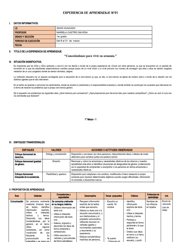 1° Grado - Experiencia de Aprendizaje N°01 | PDF | Aprendizaje | Experiencia