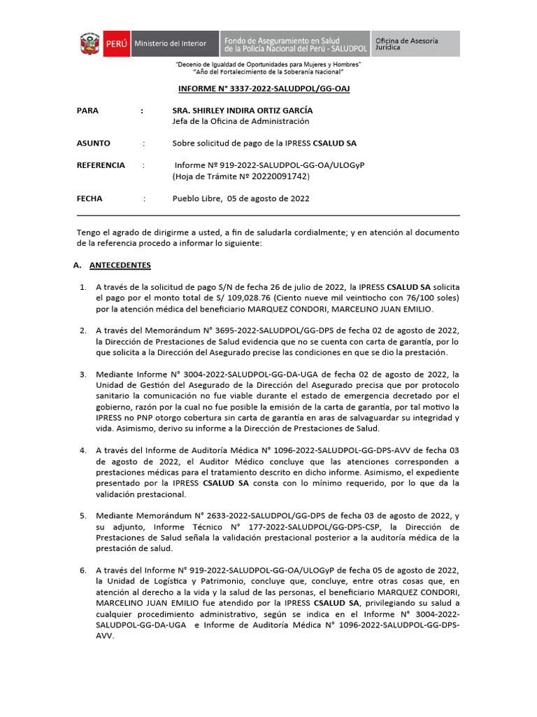 INFORME #3337-2022-SALUDPOL/GG-OAJ Para: Sra. Shirley Indira Ortiz ...