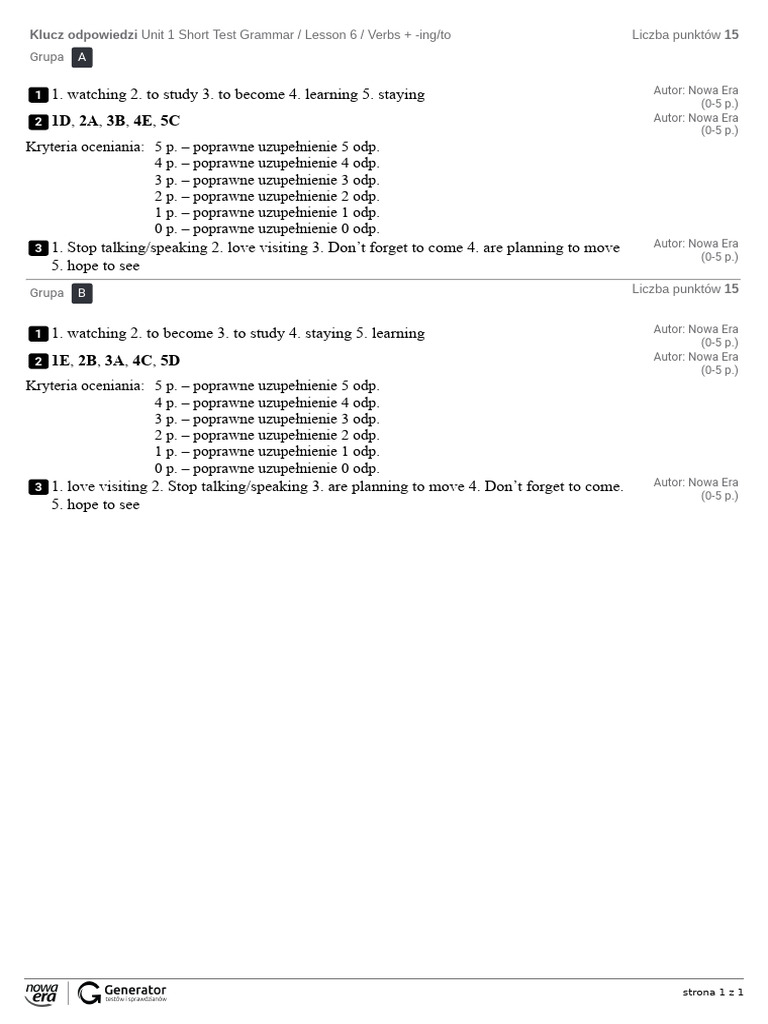 Unit 1 Short Test Grammar _ Lesson 6 _ Verbs + -Ing_to Klucz Odpowiedzi ...