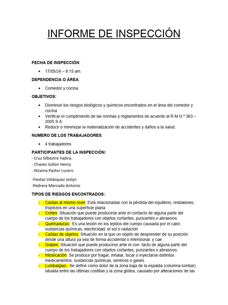 Informe de Inspeccion - Inspecciones de Seguridad | PDF | Higiene | Cocina