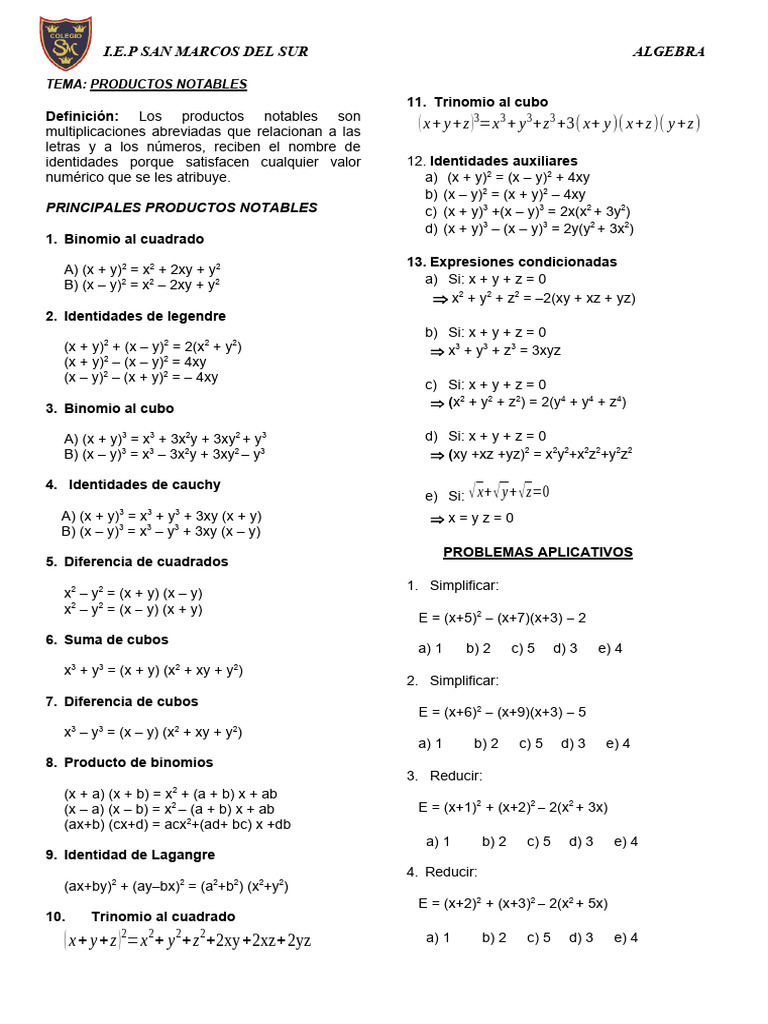 Productos Notables en Álgebra | PDF | Álgebra