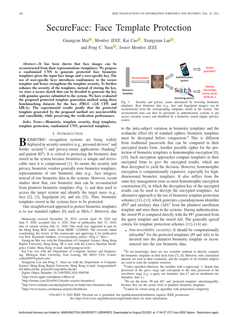 SecureFace Face Template Protection | PDF | Encryption | Biometrics