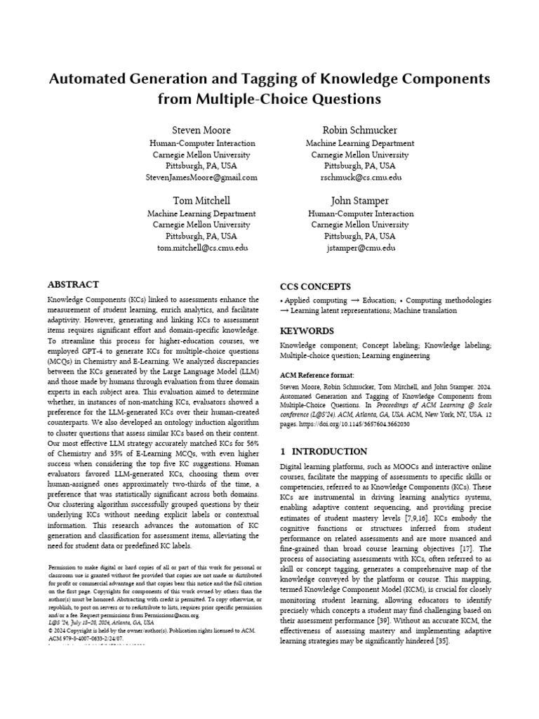 Automated Generation and Tagging of Knowledge Components From Multiple-Choice Questions | PDF ...