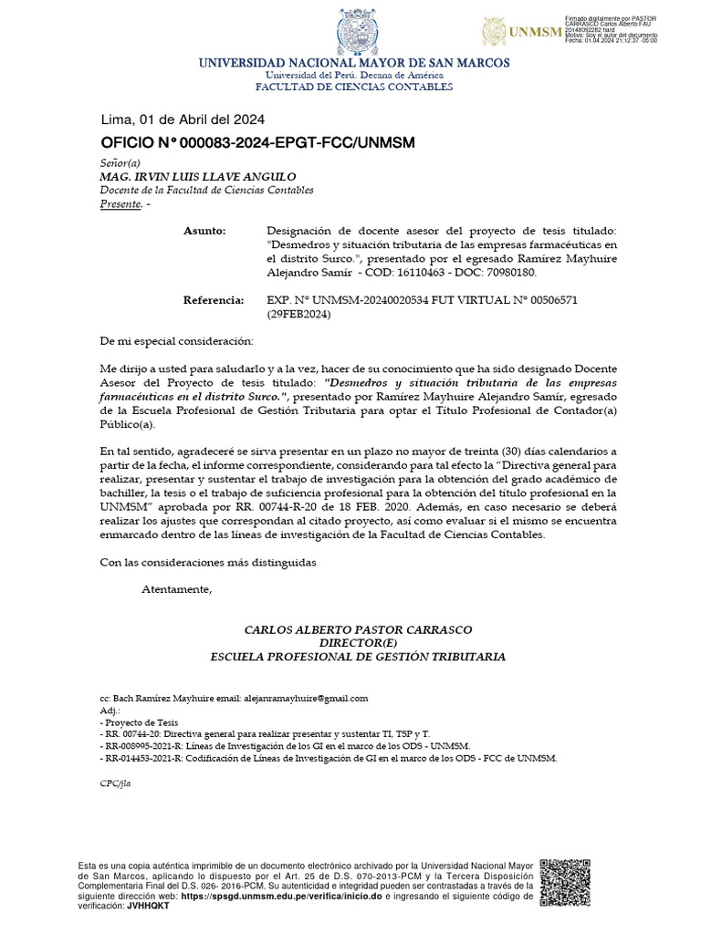 Oficio N1 000083-2024-Epgt-Fcc - Ramirez Mayhuire | PDF