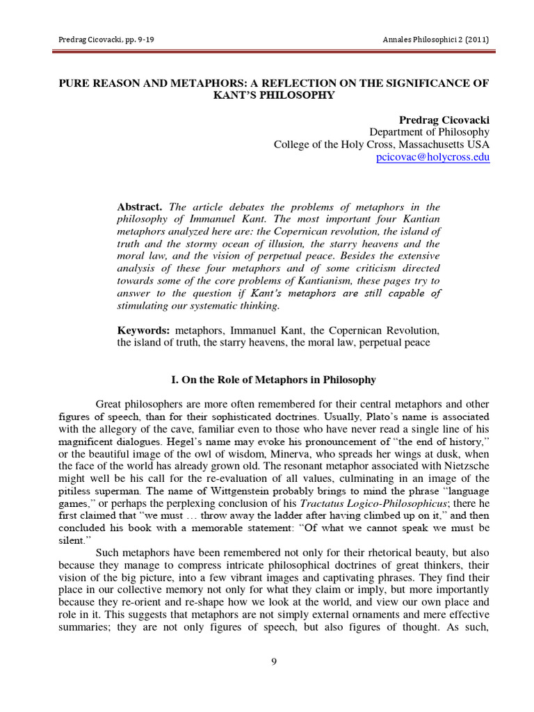 Predrag Cicovacki Pure Reason and Metaphors. A Reflection On The Significance of Kants ...