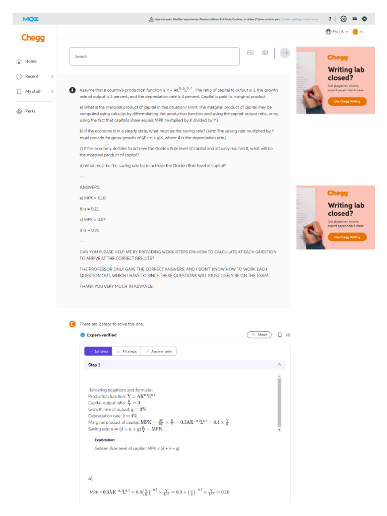 Screencapture Chegg Homework Help Questions and Answers Assume Country S Production Function y ...
