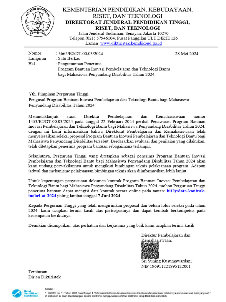 Surat Pengumuman Pemenang Inobel 2024 | PDF