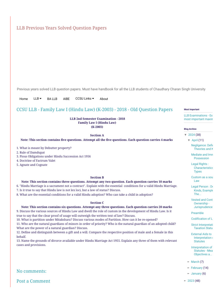 LLB Previous Years Solved Question Papers - CCSU LLB - Family Law I ... LLB Previous Years Solved Question Papers - CCSU LLB - Family Law I ...