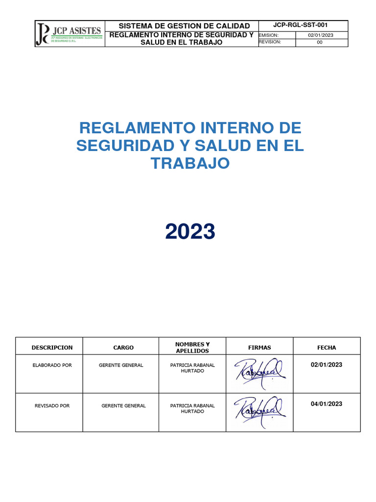 9.-Regalmento Interno de SST JCP 2023 | PDF | Seguridad y salud ocupacional | Valores