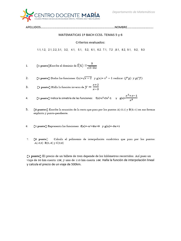 Ejercicios Matemáticas 1º Bach CCSS | PDF
