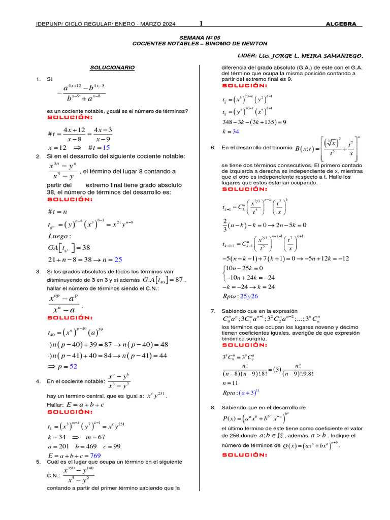 Semana 05 Algebra Regular Enero 2024 - Solucion | PDF