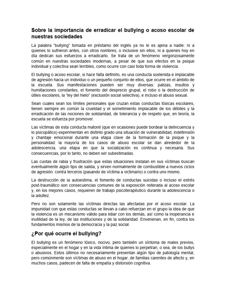 La Erradicación Del Bullying o Acoso Escolar de Nuestras Sociedades ...